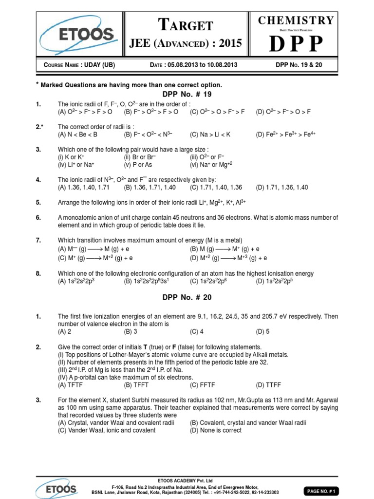 DPP 02 Periodic Table JH Sir-3579 | PDF | Ion | Ionic Bonding