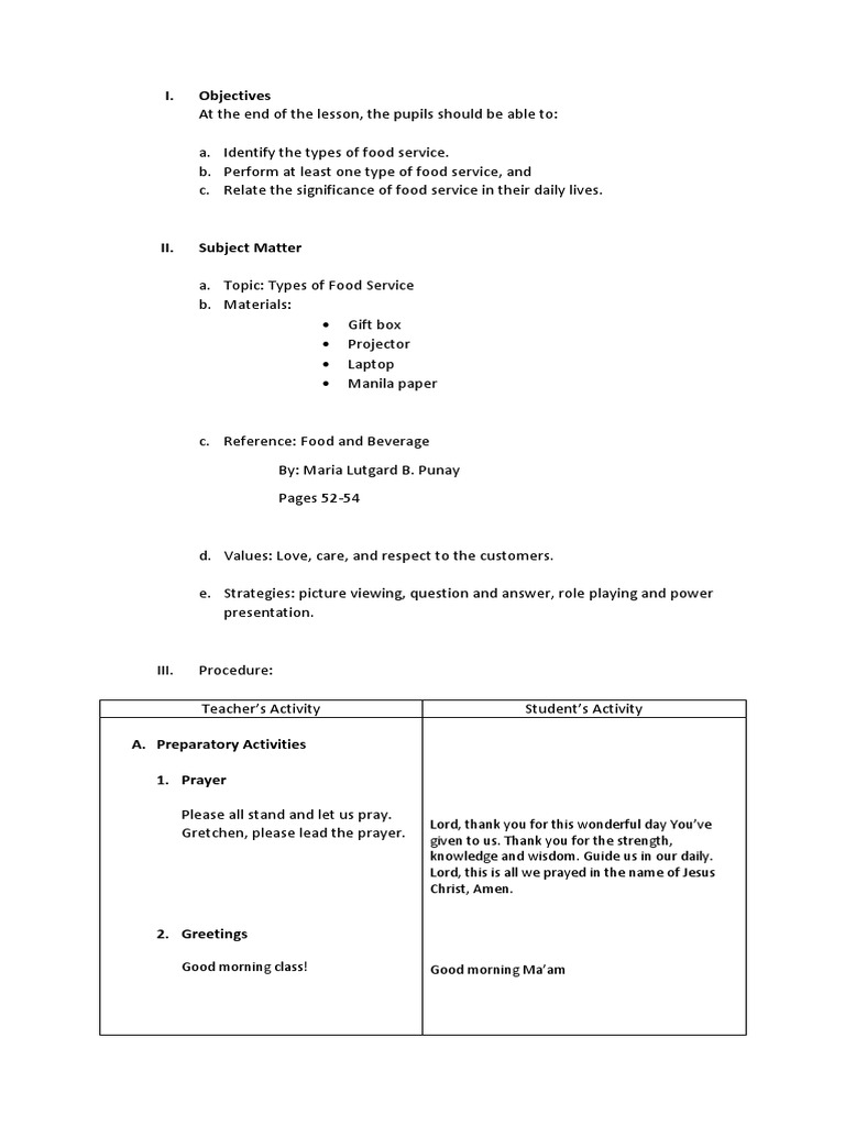Hele Lesson Plan Finals | PDF | Foodservice | Waiting Staff