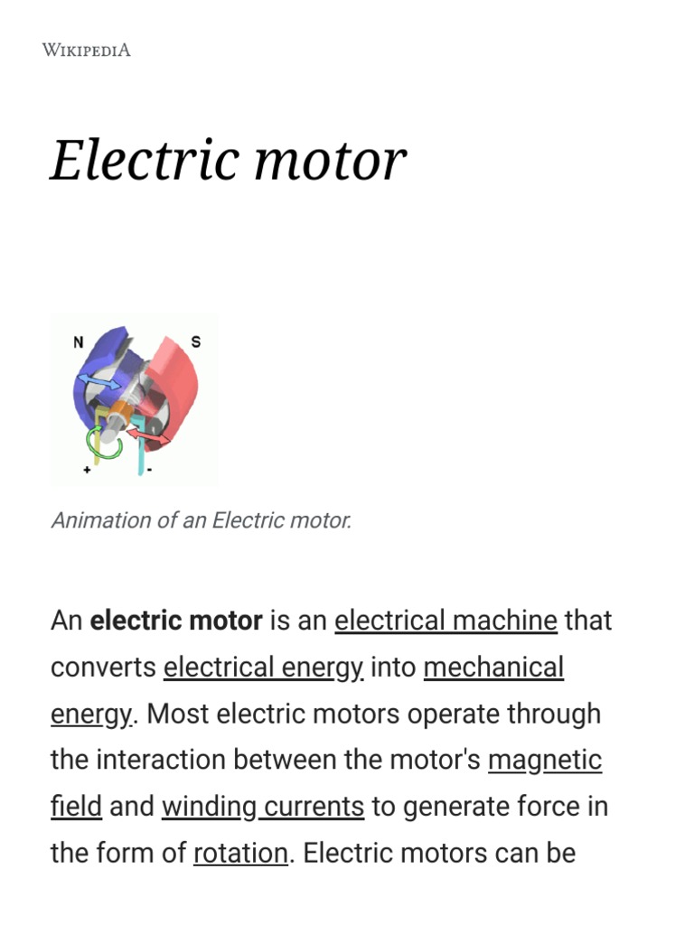 Electric Motor Wikipedia PDF | PDF | Electric Motor | Magnetic Devices