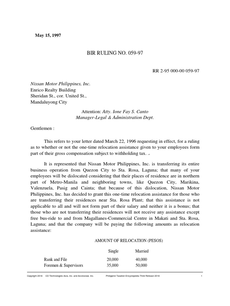 BIR Ruling No. 059-97 | PDF | Payments | Taxes
