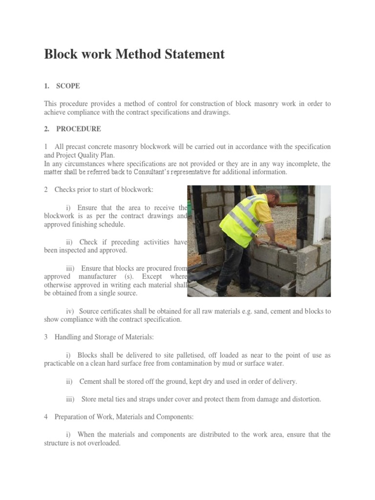 Block Work Method Statement | PDF | Specification (Technical Standard) | Masonry