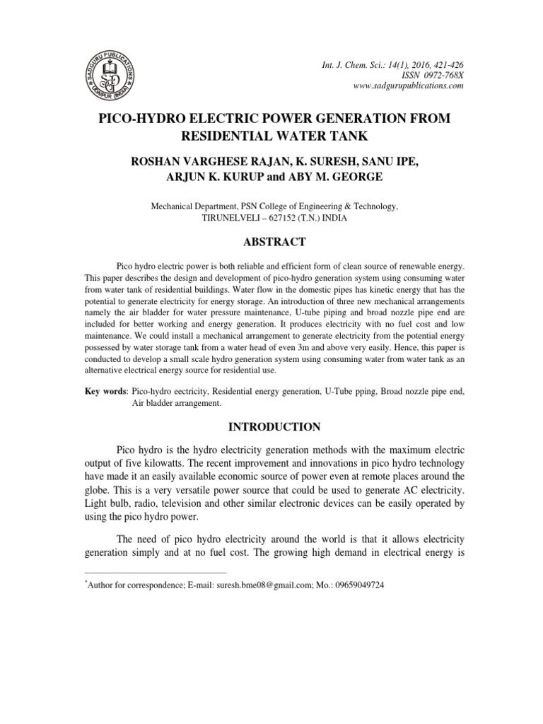 Design and Development of a Pico-Hydro Electric Power Generation System ...
