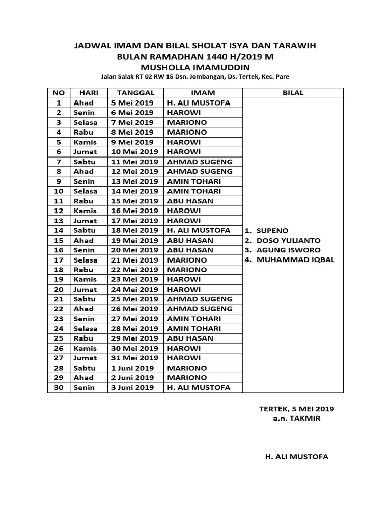 Jadwal Imam Dan Bilal Sholat Isya Dan Tarawih | PDF