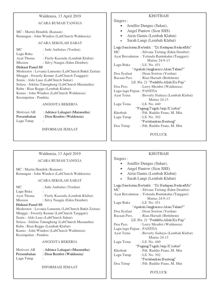 Contoh Buletin Sabat Gereja Advent | PDF