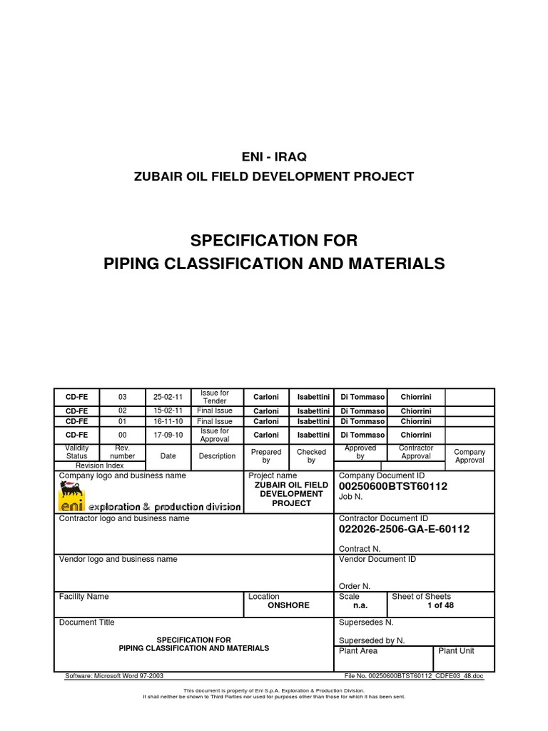 Piping Classification Specification Document | PDF | Pipe (Fluid ...