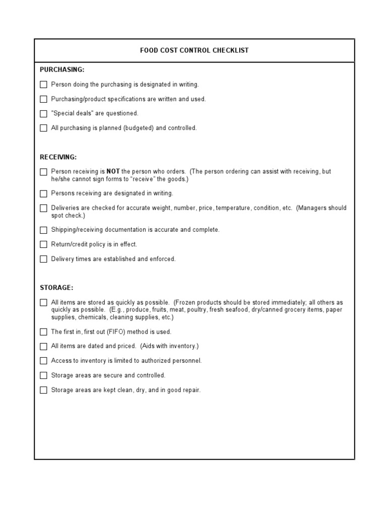 Food Cost Control Checklist | PDF | Inventory | Refrigerator