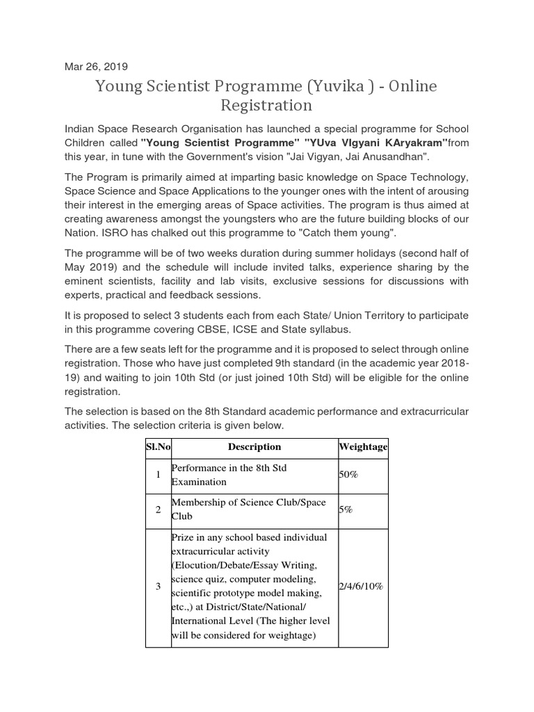 Young Scientist Programme (Yuvika) - Online Registration | PDF ...