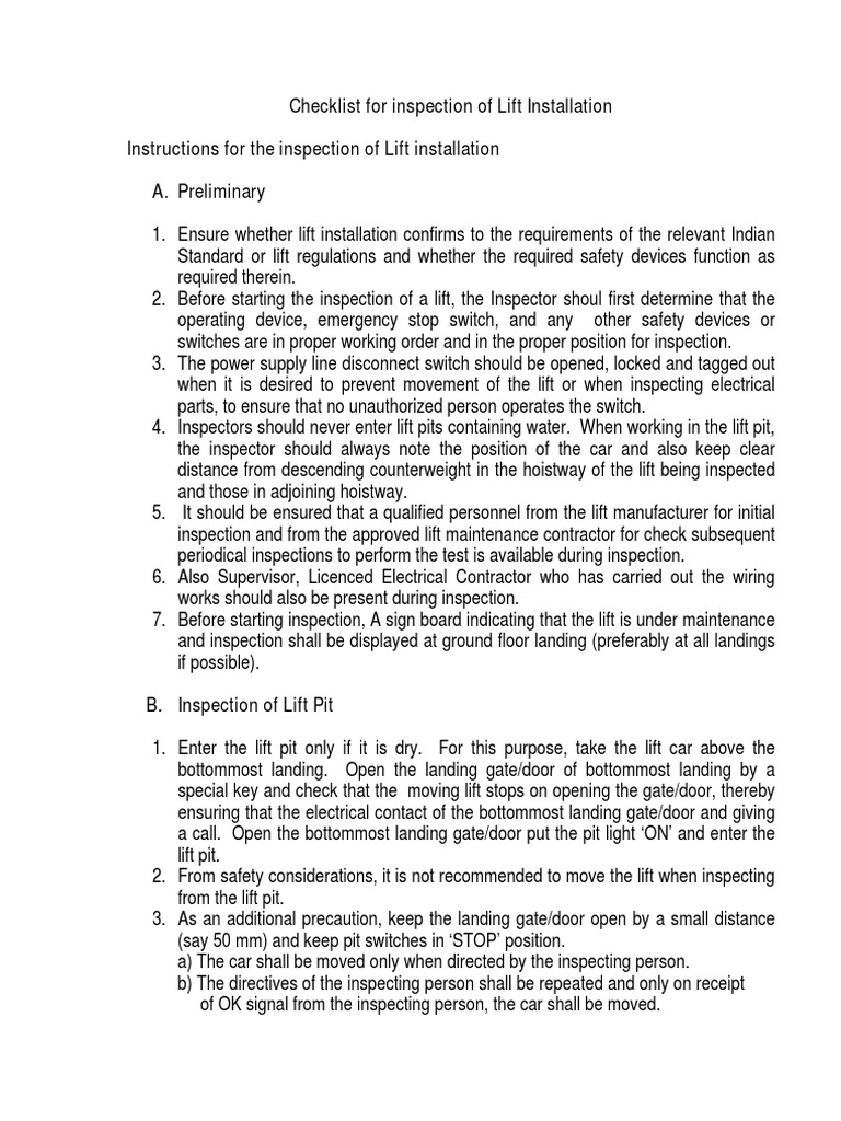 Checklist For Inspection of Lift Installation Instructions For The ...