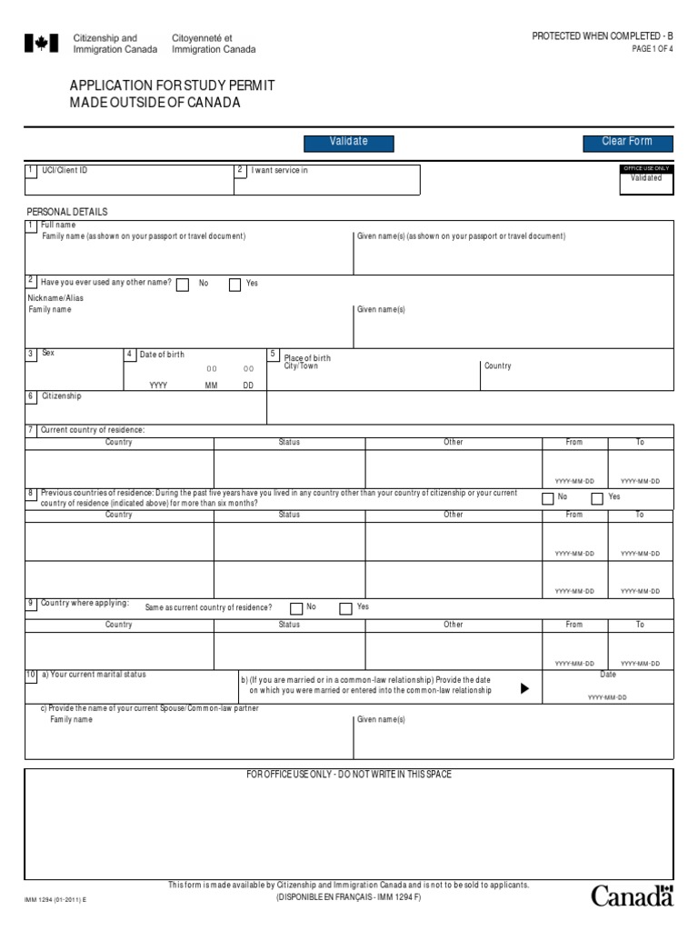 Application For Study Permit Made Outside of Canada: Validate Clear ...
