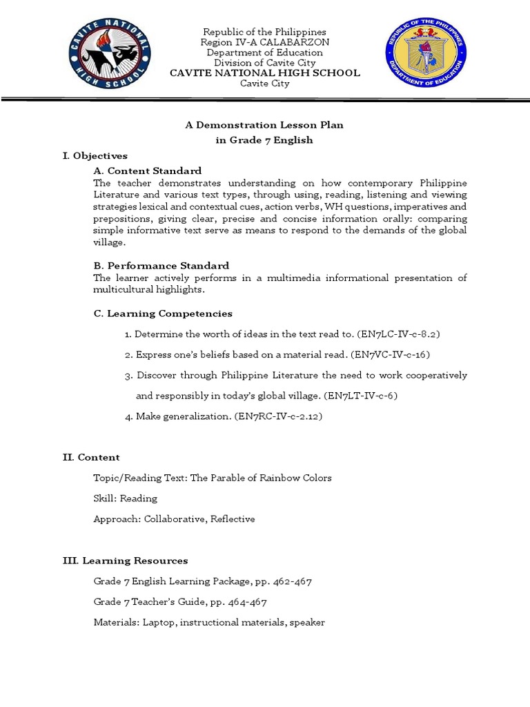 Grade 7 English Lesson Plan: Rainbow Colors | PDF | Lesson Plan | Learning