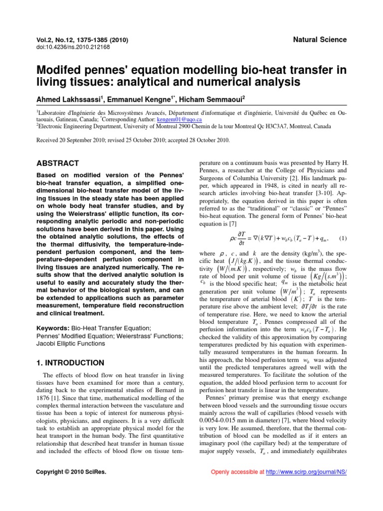 Modifed Pennes' Equation Modelling Bio-Heat Transfer in Living Tissues ...