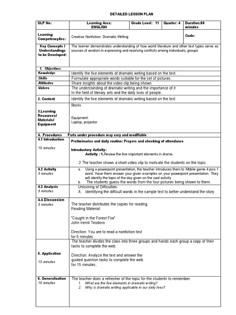 Creative Nonfiction Dramatic Writing DLP | Download Free PDF | Lesson ...