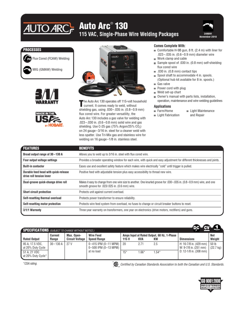Spec Sheet - Auto Arc 130 | PDF | Welding | Construction