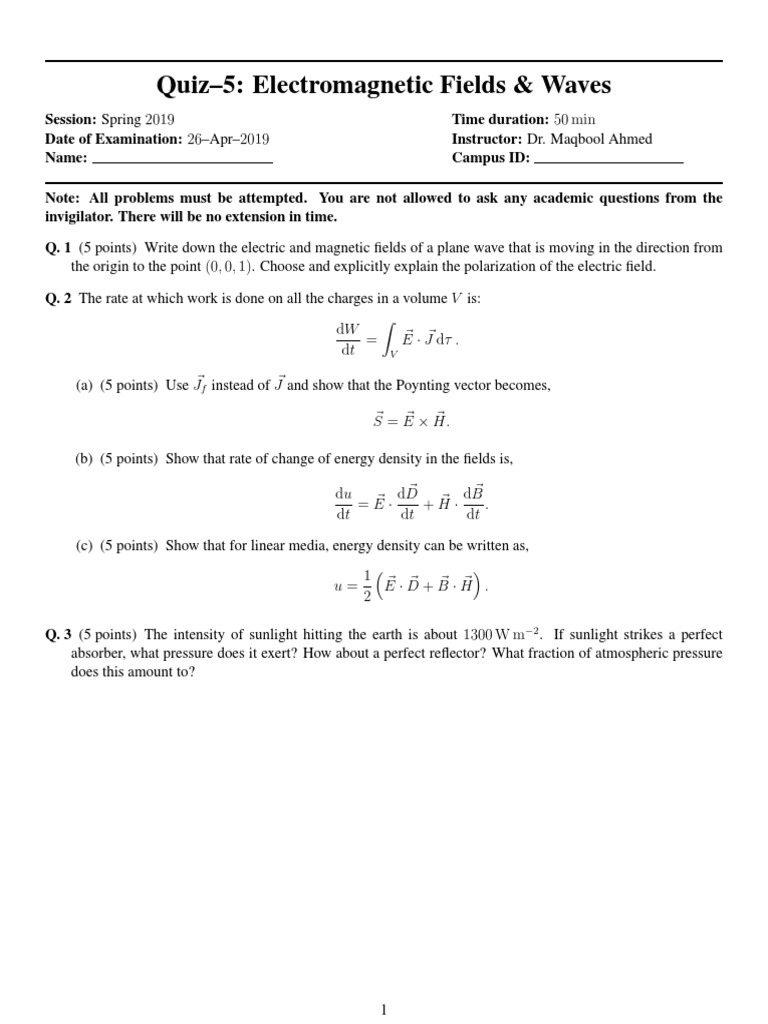 PHY 305 Electromagnetic Fields and Waves Quizzes PDF | PDF | Electromagnetic Field | Waves