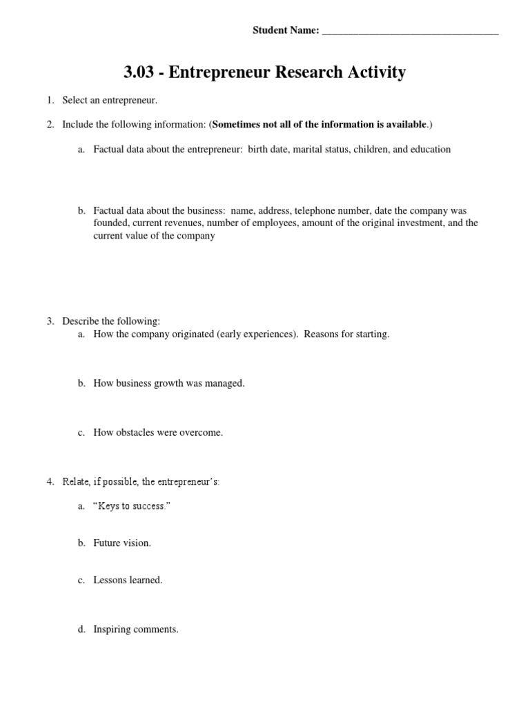 Entrepreneur Research Activity | PDF