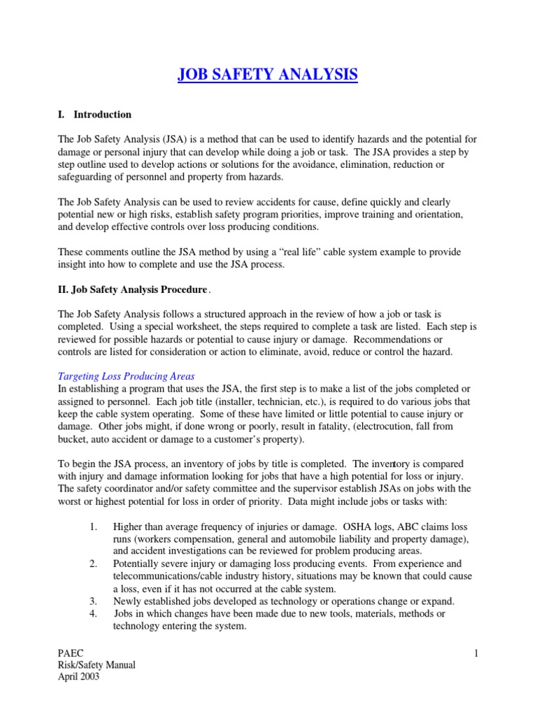 Job Safety Analysis: Targeting Loss Producing Areas | PDF | Hazards ...