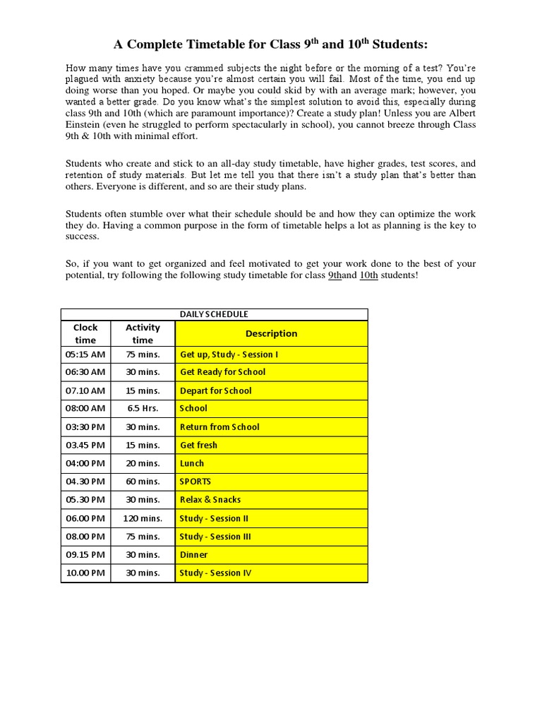 A Complete Timetable For Class 9th and 10th Students | PDF | Career ...
