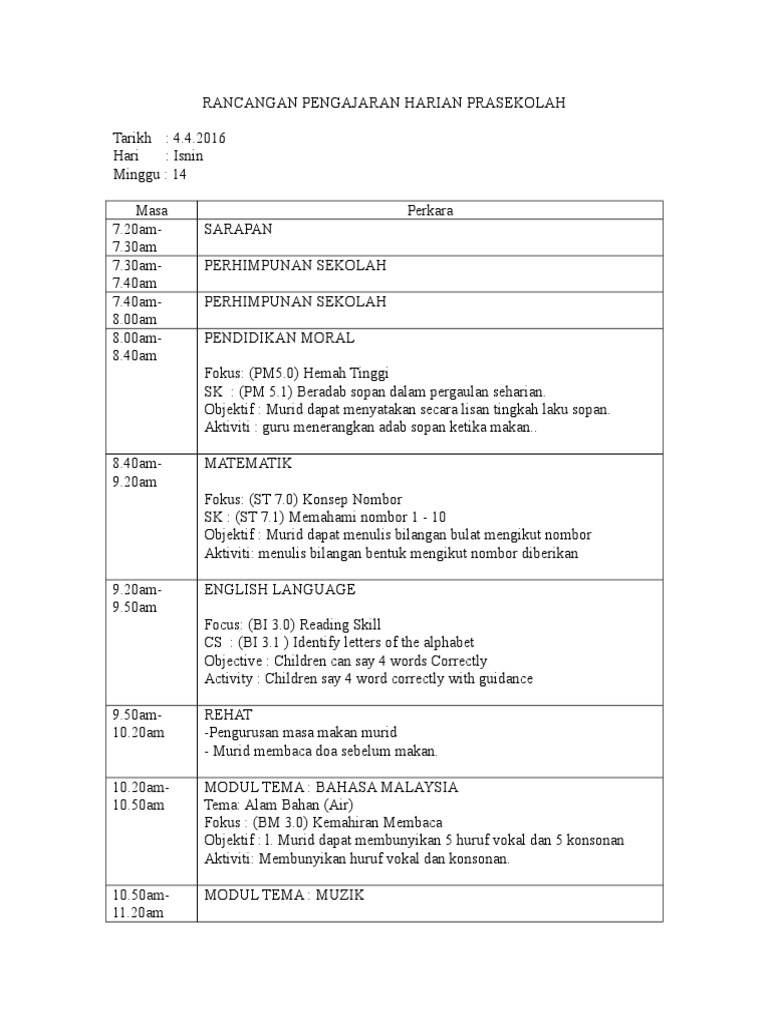 Contoh RPH Prasekolah | PDF
