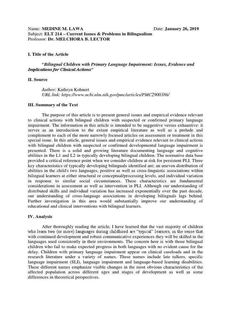 I. Title of The Article "Bilingual Children With Primary Language Impairment: Issues, Evidence ...