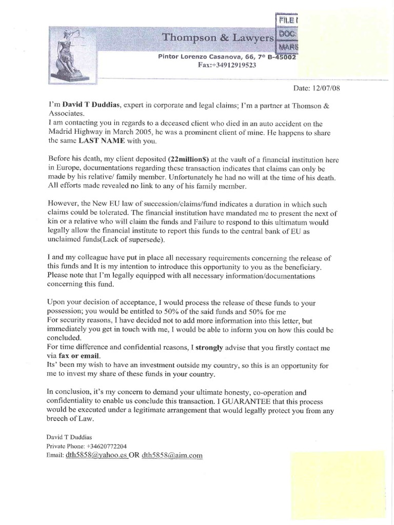Inheritance scam - example letter.pdf | Government Information ...
