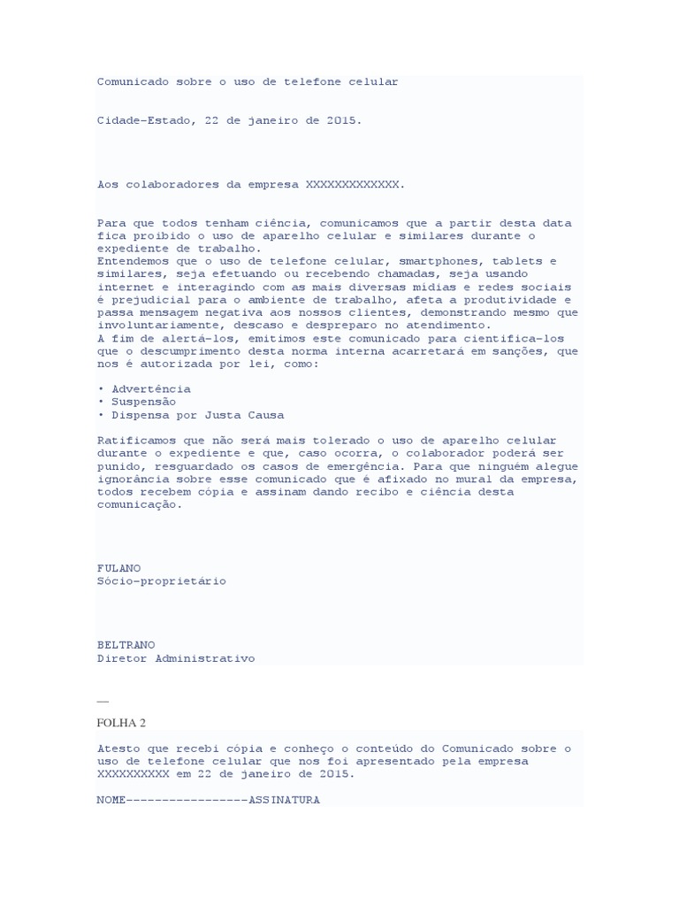 Comunicado Sobre o Uso de Telefone Celular | PDF
