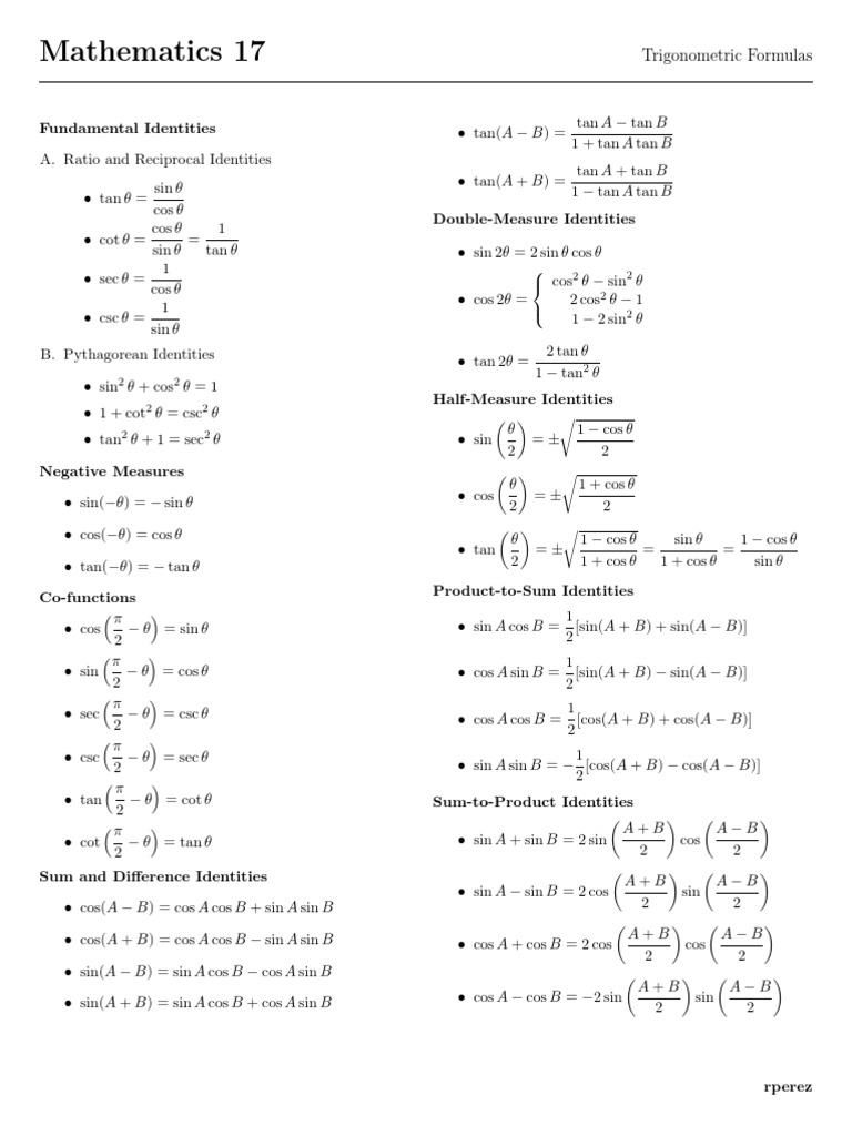 Trigo Formula Sheet | PDF | Sine | Trigonometry
