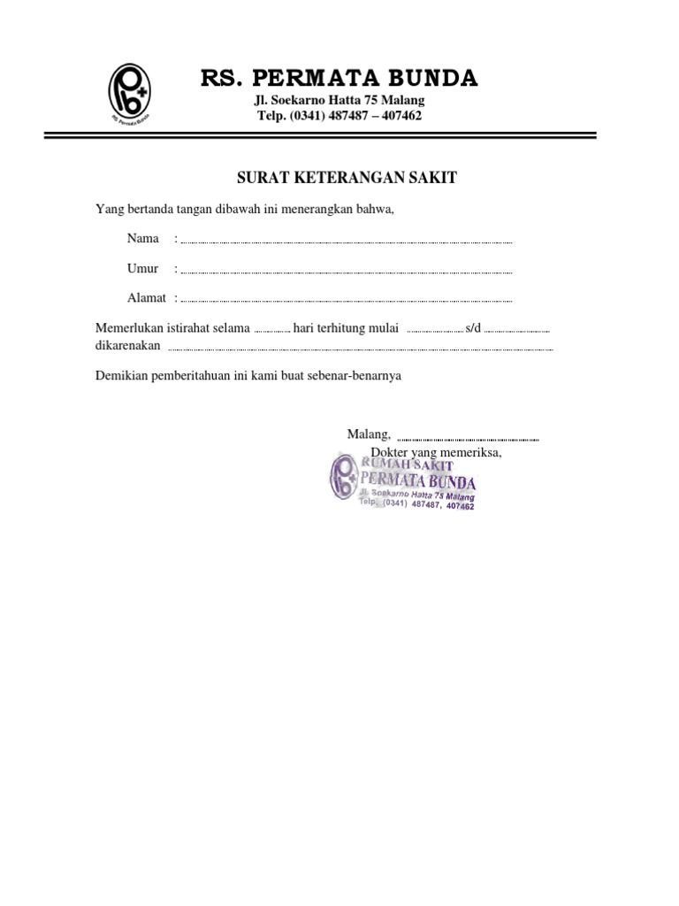 Rs. Permata Bunda: Surat Keterangan Sakit | PDF