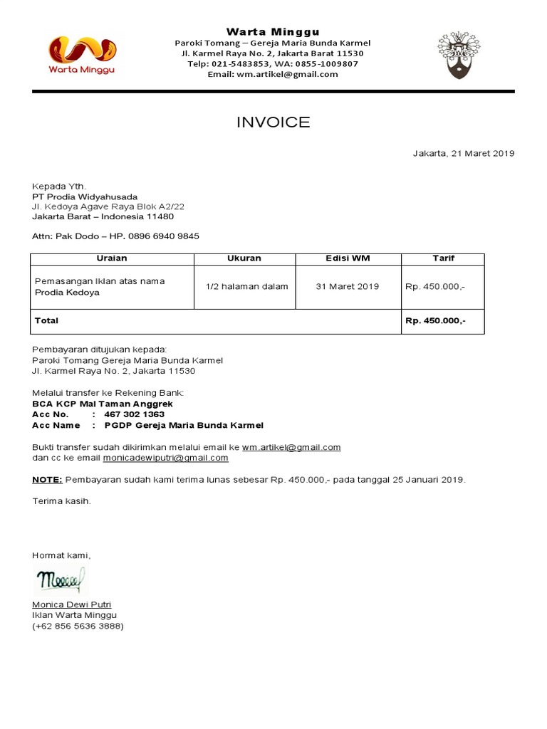 Invoice WM Lunas - Prodia Kedoya (Edisi 31 Maret 2019) | PDF