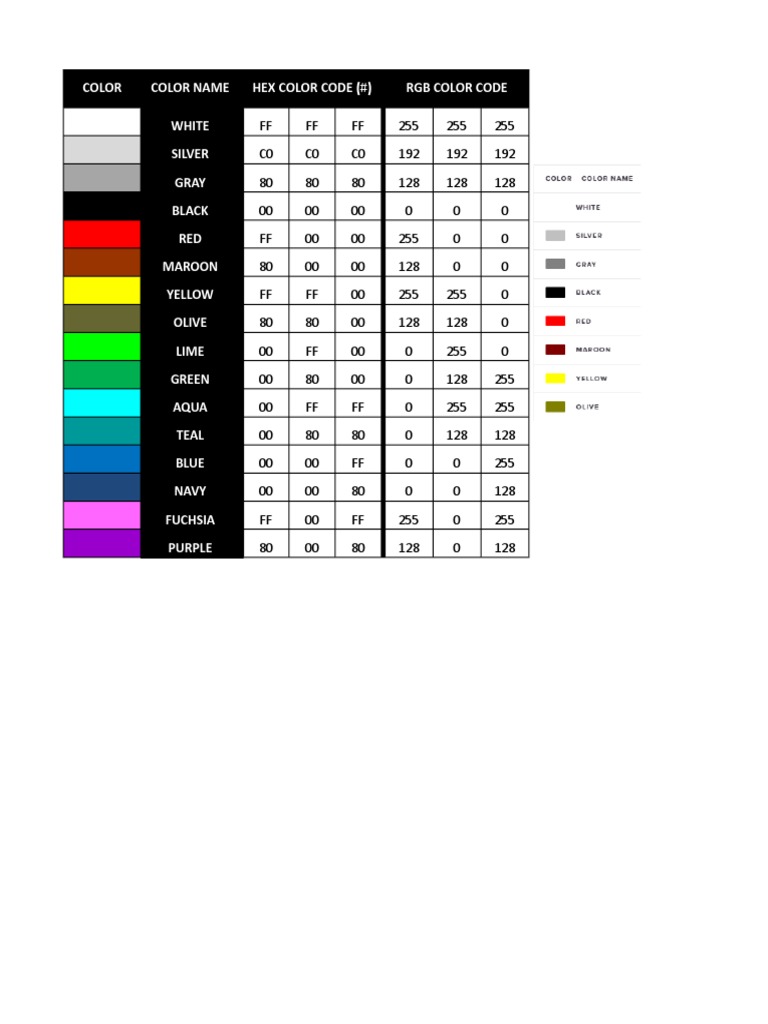 Color Color Name Hex Color Code (#) RGB Color Code White Silver Gray ...