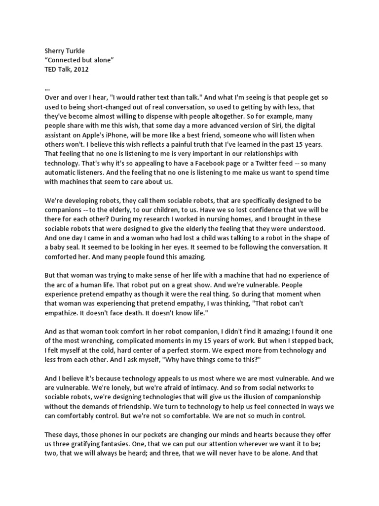 Sherry Turkle - Connected But Alone (Transcript) BB | PDF | Empathy ...