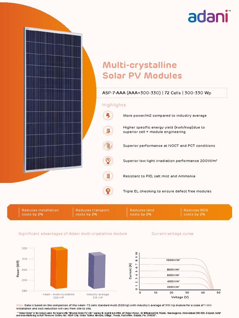 Adani 320 WP Solar Module Datasheet | PDF | Solar Power | Photovoltaic ...