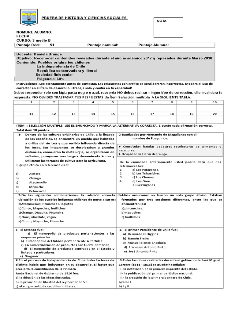Prueba de Historia y Ciencias Sociales 3 Medio B Historia Comun | PDF | Chile | Iglesia Católica