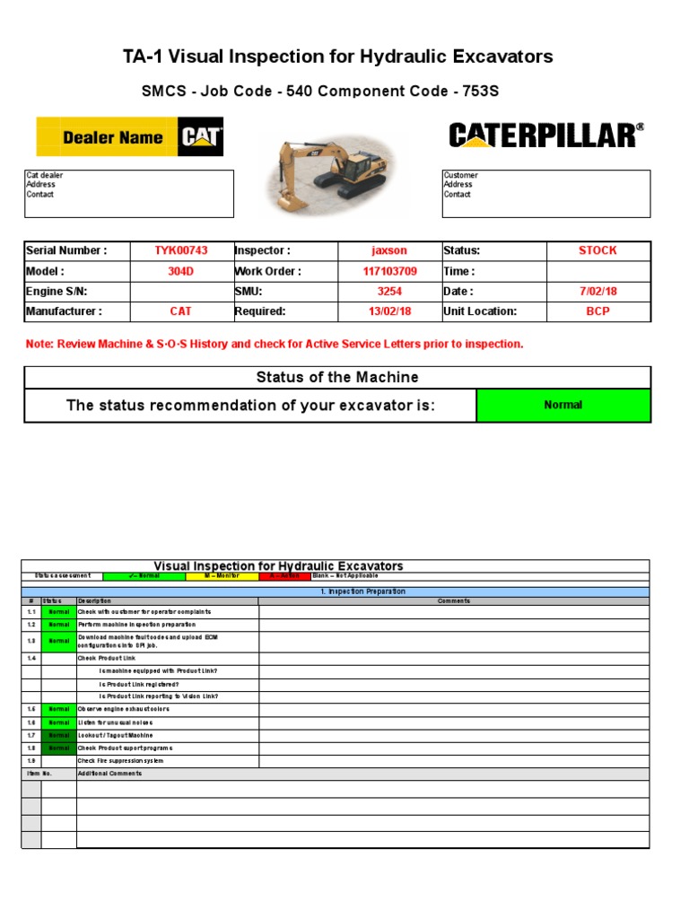 304D TYK00743 TA1 - Excavator Inpection Report | PDF | Cylinder (Engine ...