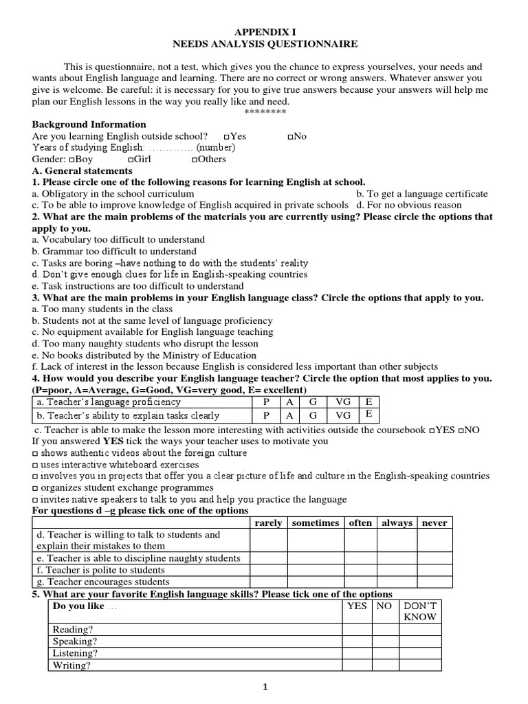 Needs Analysis Questionnaire for ESL Students | PDF | English Language ...