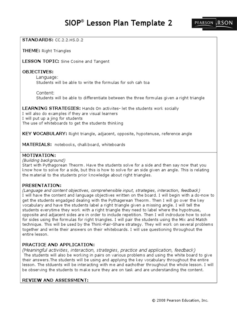 Siop Lesson Plan | PDF | Trigonometric Functions | Triangle