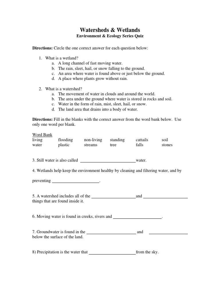Wetlands & Watersheds Quiz | PDF
