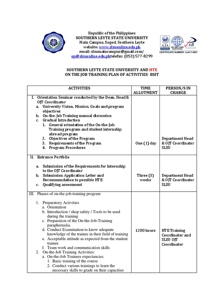 OJT Training Plan for BSIT Students | PDF | Change | Cognition