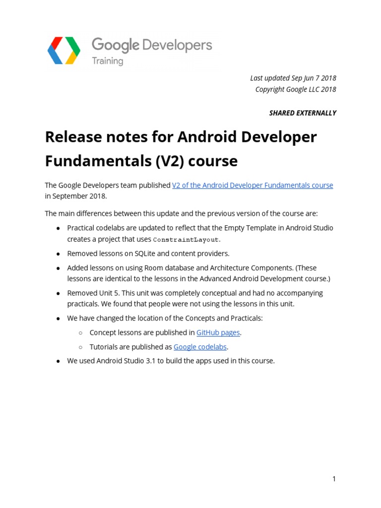 Android Developer Fundamentals V2 Release Notes (PUBLIC) | PDF