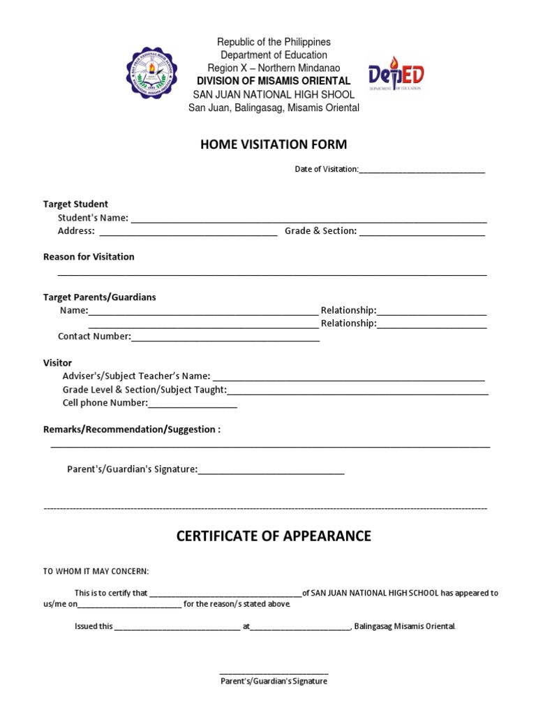 Home Visitation Form: Certificate of Appearance | PDF