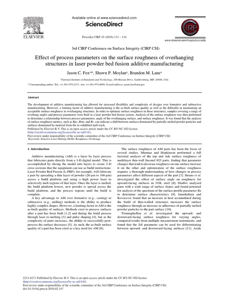 Effect of Process Parameters On The Surface Roughness of Overhanging ...