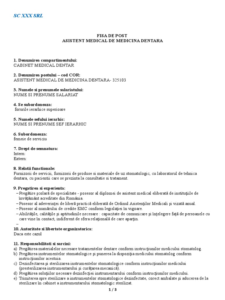 Fisa de Post Asistent Medical Medicina Dentara | PDF