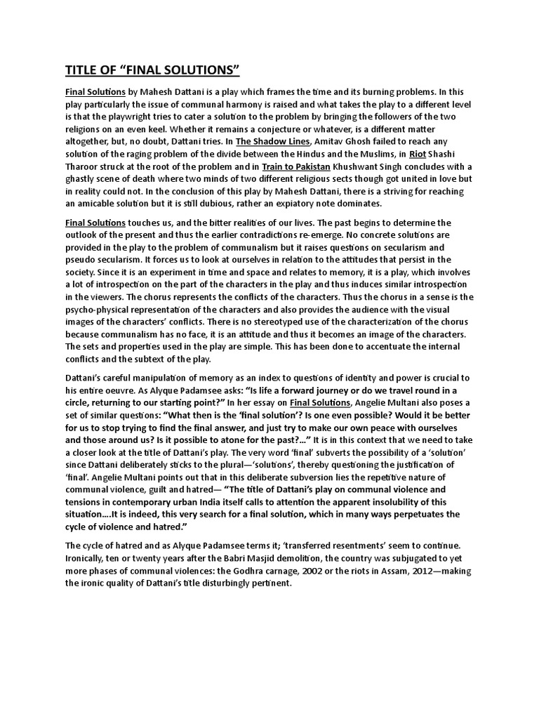 Final Solutions play raises questions | PDF | Religion And Belief