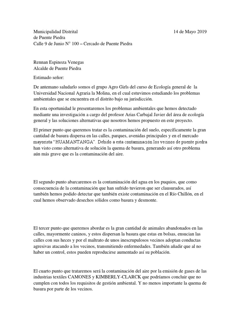 carta al alcalde 2.docx | Contaminación | Ciencia medioambiental ...