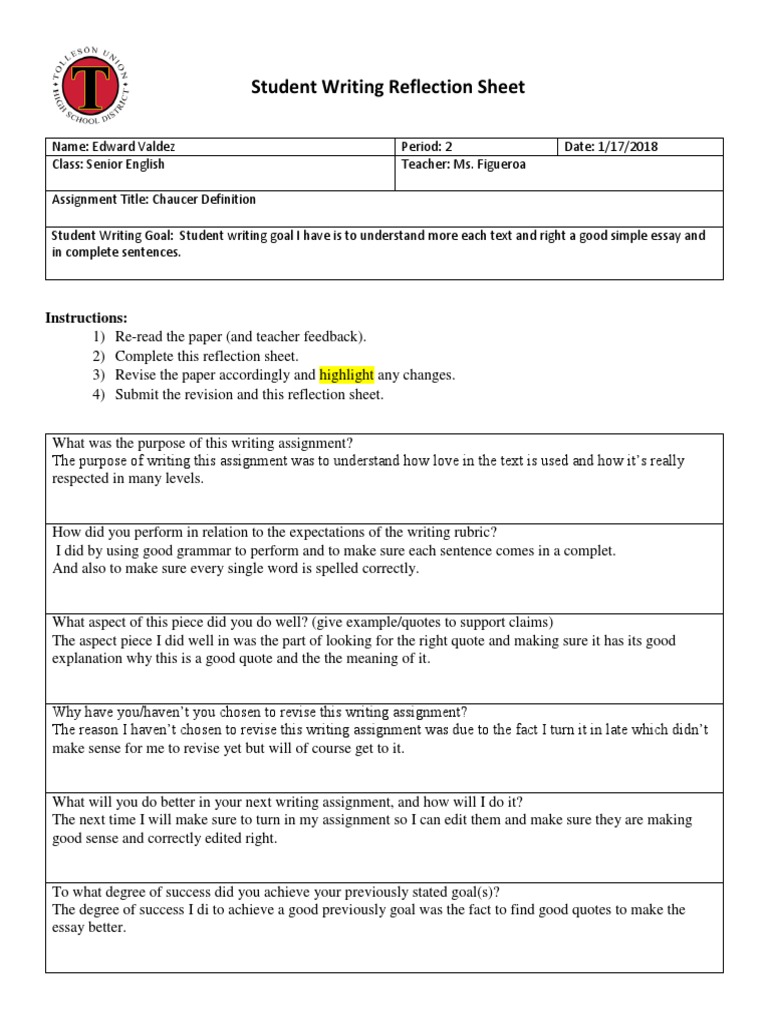 Student Writing Reflection Sheet | PDF