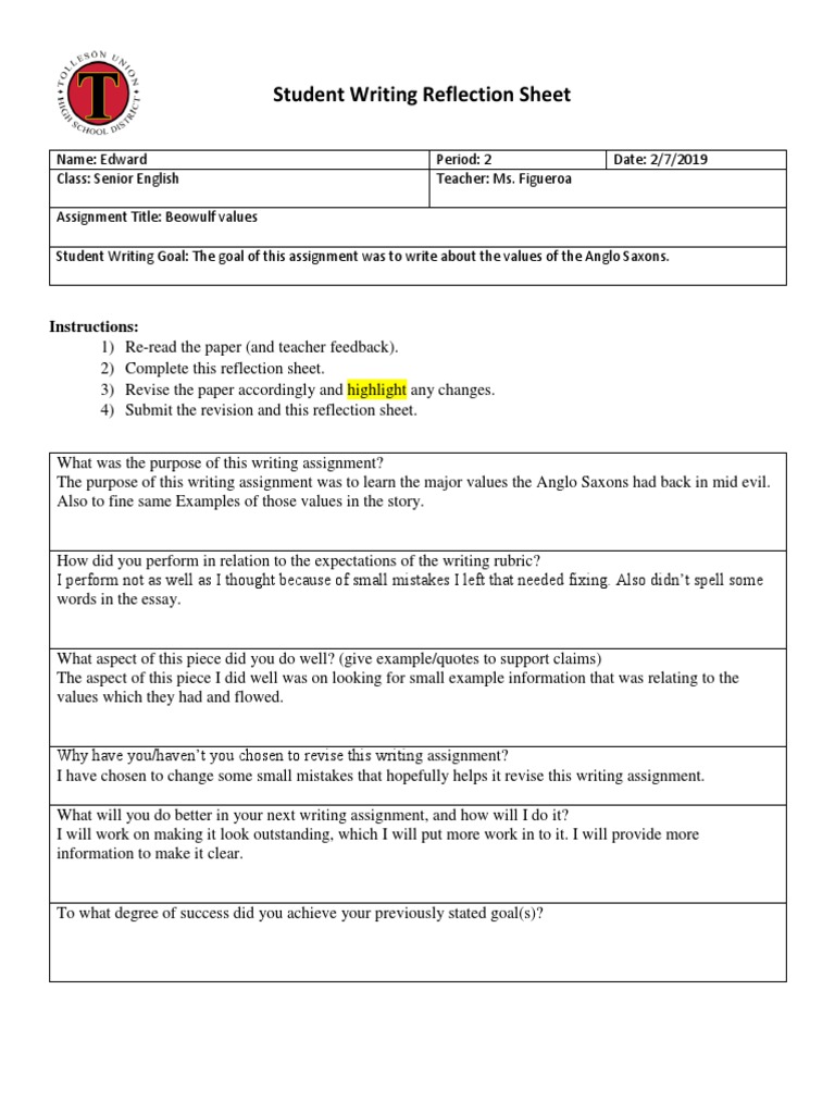 Beowulf Values Reflection Sheet | PDF | Career & Growth | Language Arts ...