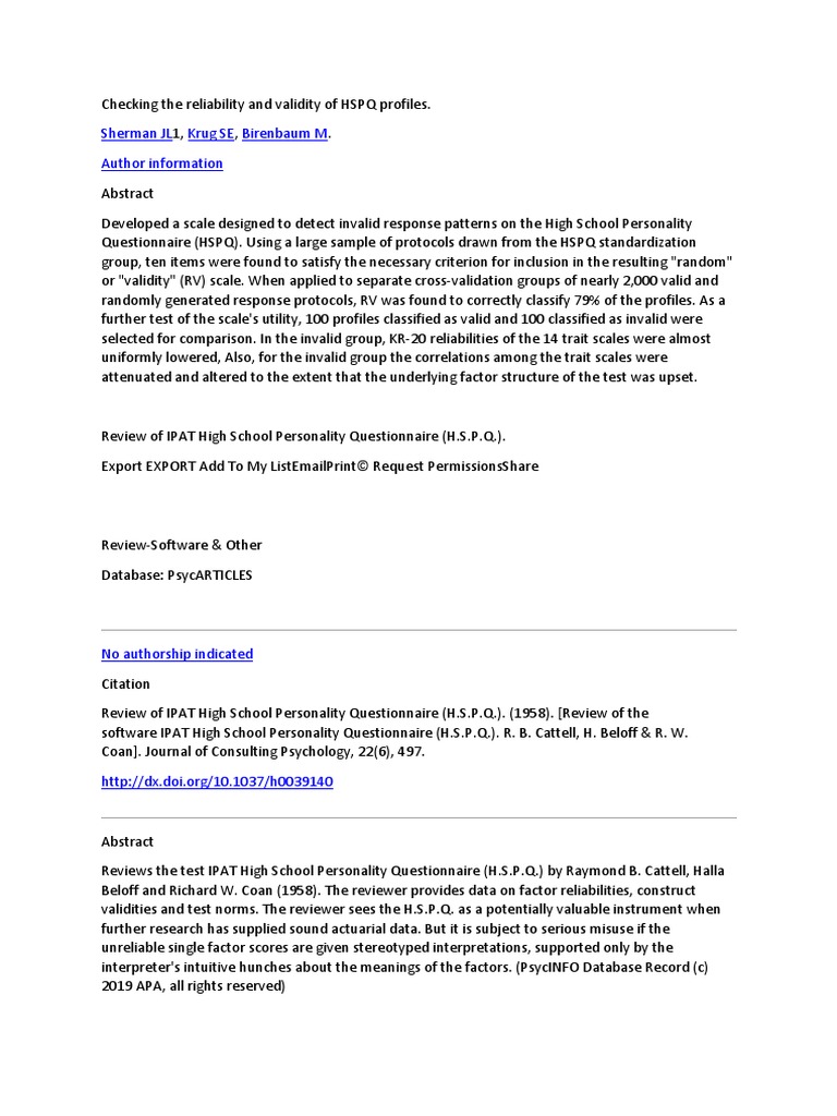 Detailed Research On HSPQ Test | PDF | Validity (Statistics ...