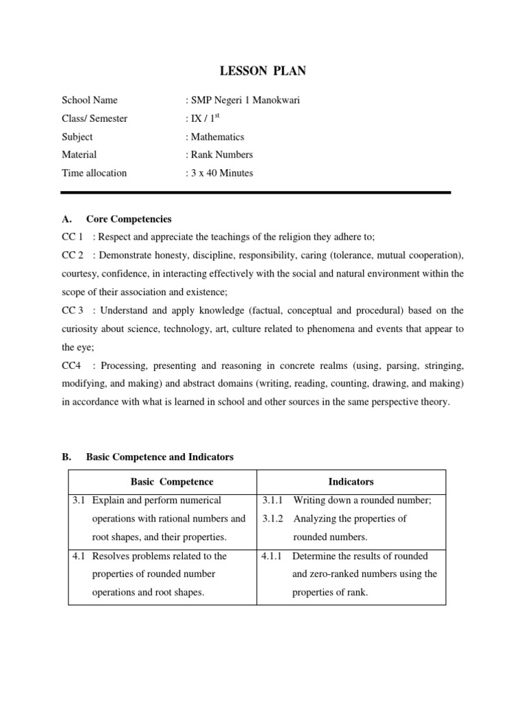 Lesson Plan: A. Core Competencies | Download Free PDF | Educational ...