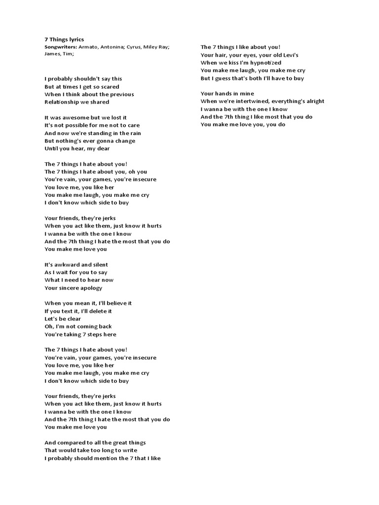 7 Things Lyrics by Miley Cyrus | PDF