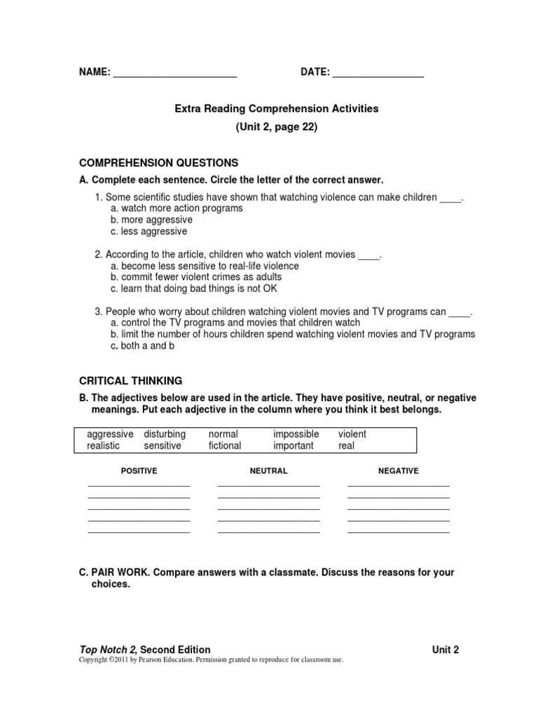 Extra Reading Comprehension Activities (Unit 2, Page 22) : Top Notch 2 ...