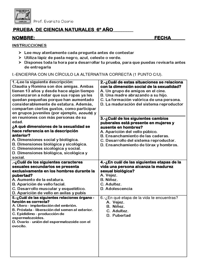 Prueba Sist Reprod 6°2019 | PDF | Testículo | Adolescencia Prueba Sist Reprod 6°2019 | PDF | Testículo | Adolescencia